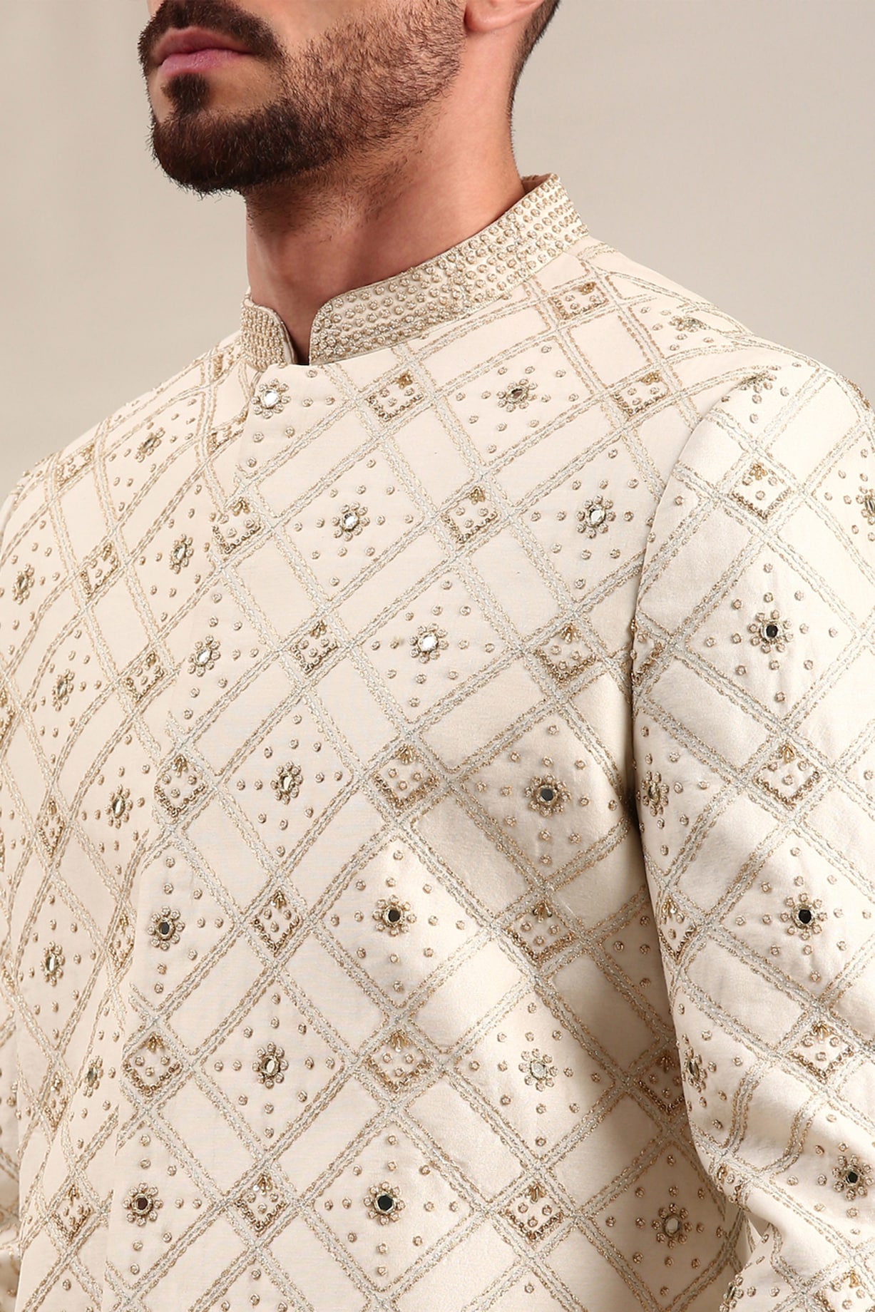 Ivory Chanderi Embroidered Wedding Sherwani Set by Mayank Modi at Pernia's Pop Up Shop 2025