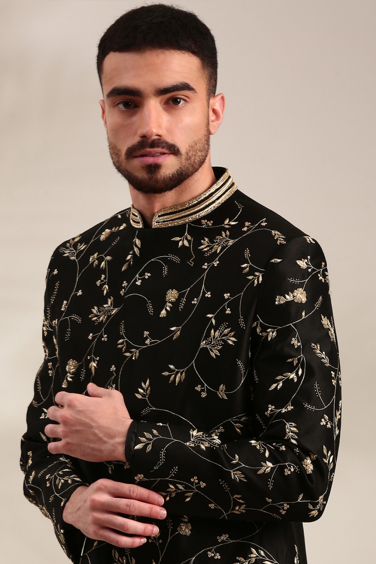 Black Chanderi Embroidered Wedding Sherwani Set by Mayank Modi at ...
