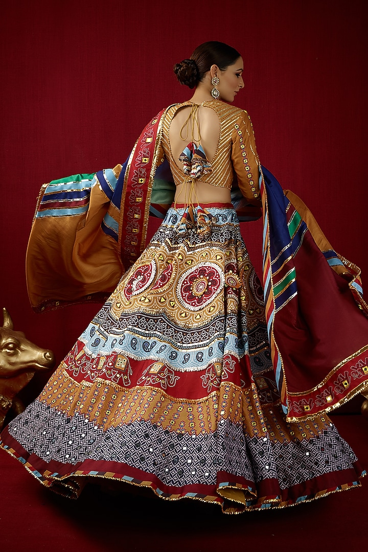 Multi-Colored Mysore Silk Printed & Embroidered Lehenga Set Design by ...
