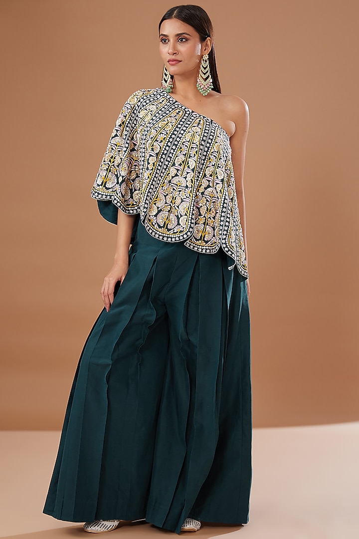 Blue Dupion Silk Embroidered Off-Shoulder Cape Set Design by MADZIN at ...