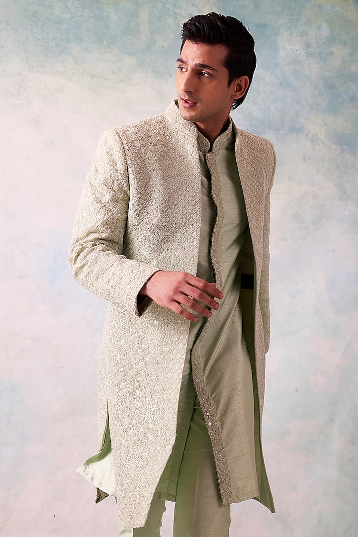 Mint Green Silk Thread Work Indowestern Set by NAMAN AHUJA at Pernia's Pop Up Shop 2025