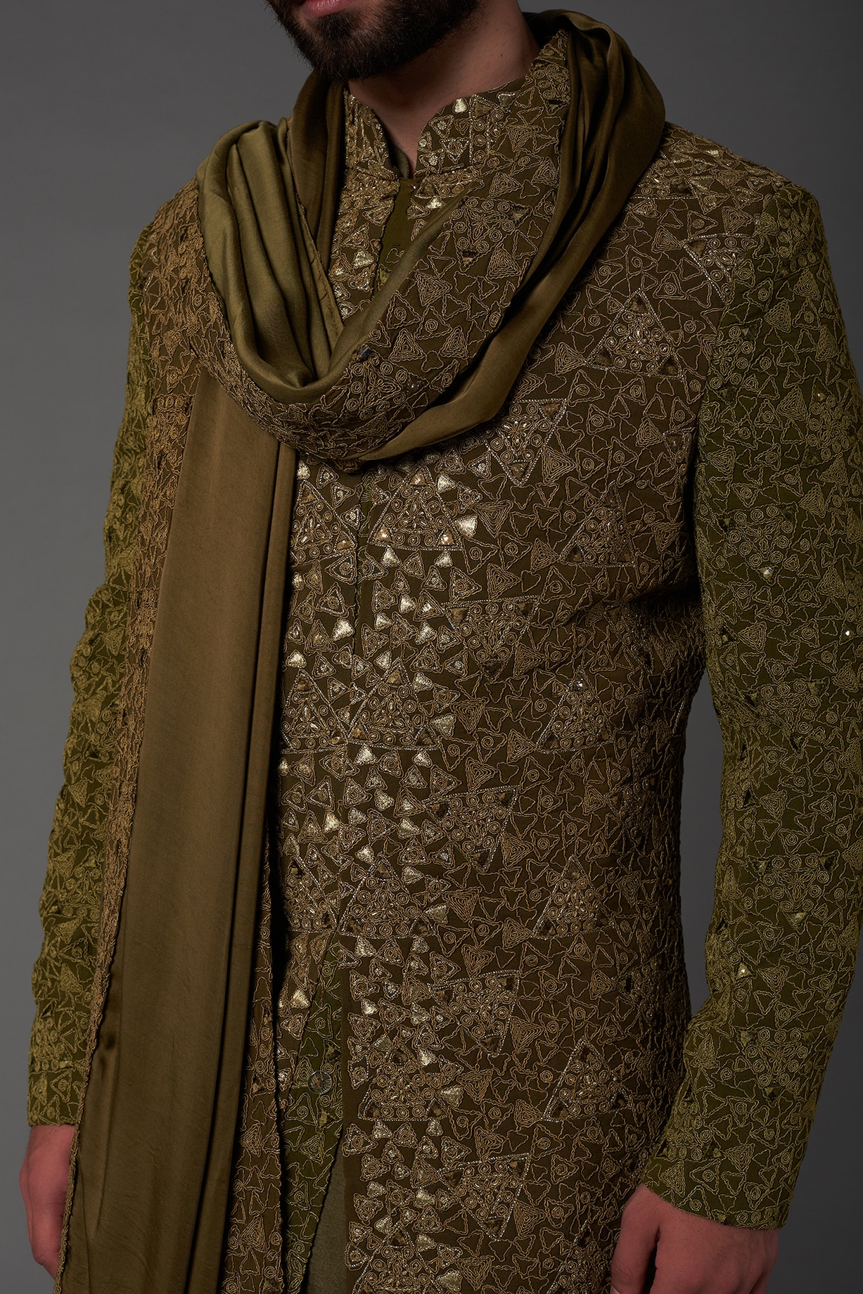 Olive Green Silk Embroidered Wedding Sherwani Set by NAMAN AHUJA at ...