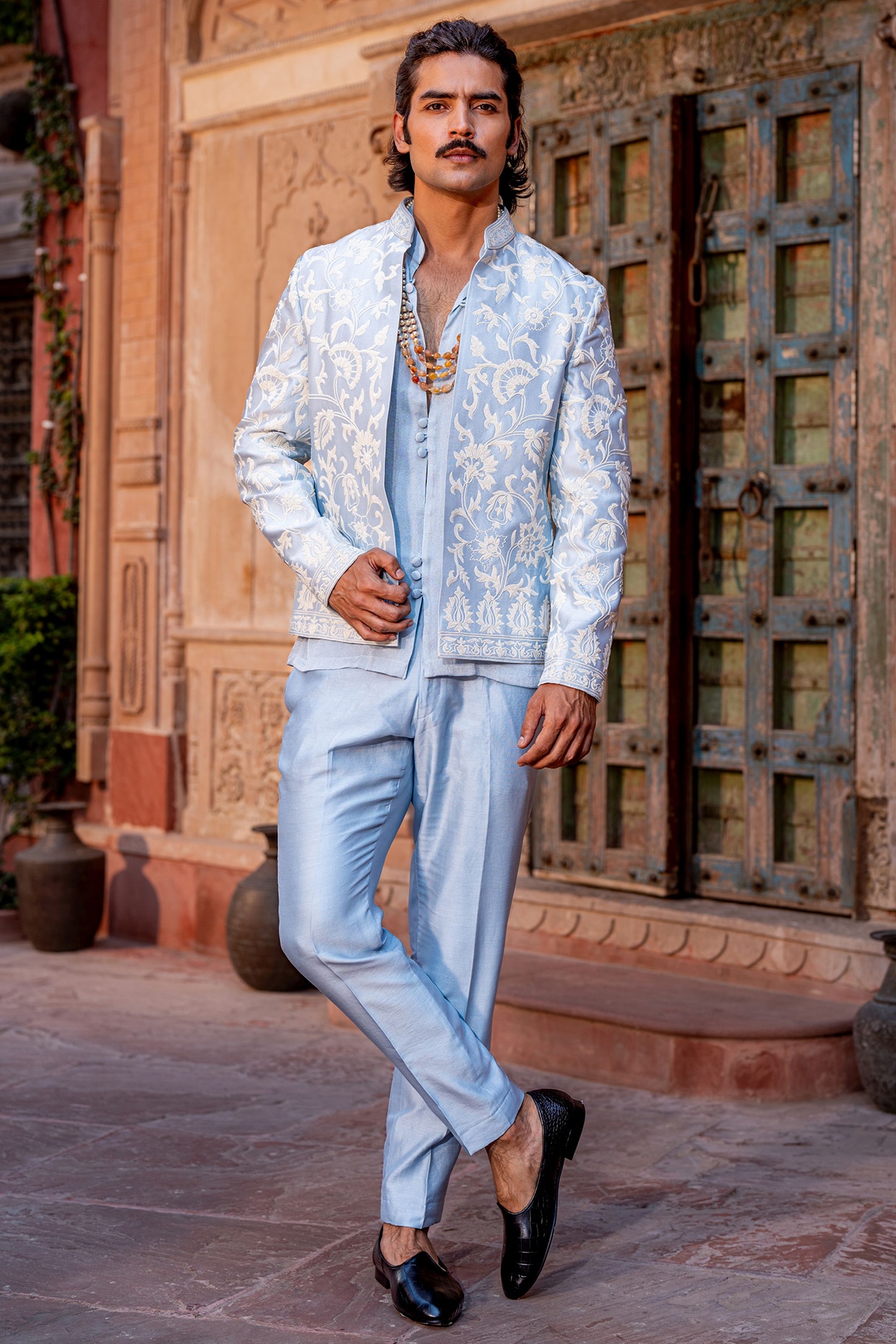 Powder Blue Chanderi Dori Work Jacket Set by NAFS at Pernia's Pop Up ...