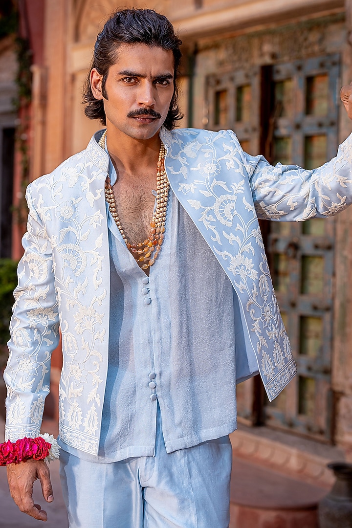 Powder Blue Chanderi Dori Work Jacket Set by NAFS at Pernia's Pop Up ...