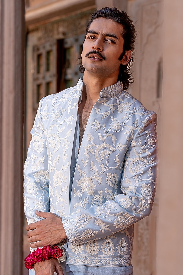 Powder Blue Chanderi Dori Work Jacket Set by NAFS at Pernia's Pop Up ...