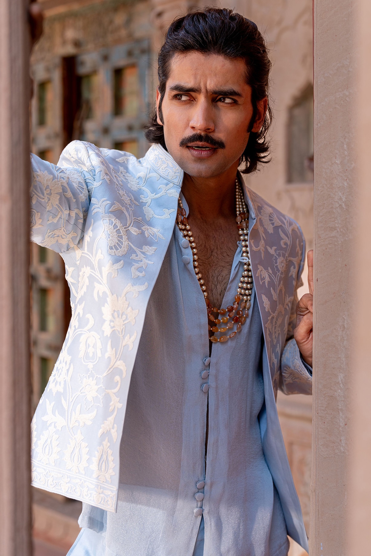 Powder Blue Chanderi Dori Work Jacket Set by NAFS at Pernia's Pop Up ...