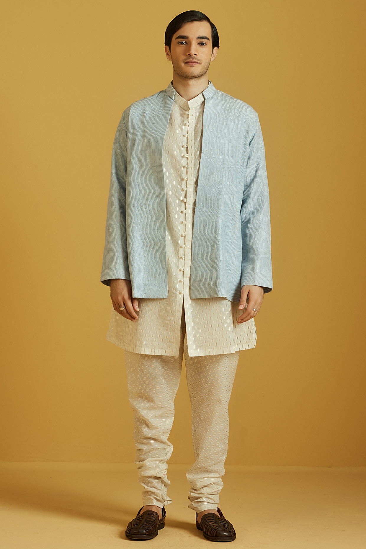 Powder Blue Chanderi Indowestern Set by NAFS at Pernia's Pop Up Shop 2025