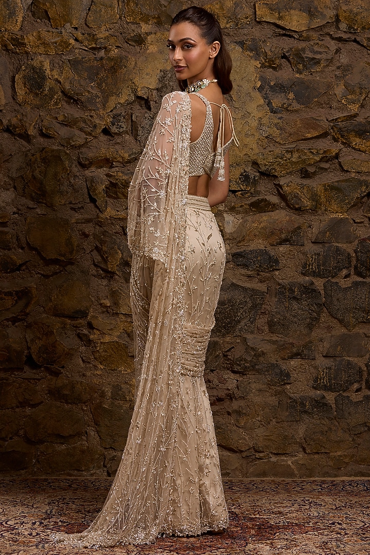 Champagne Gold Net Hand Embroidered Draped Bridal Saree Set by Naibah ...