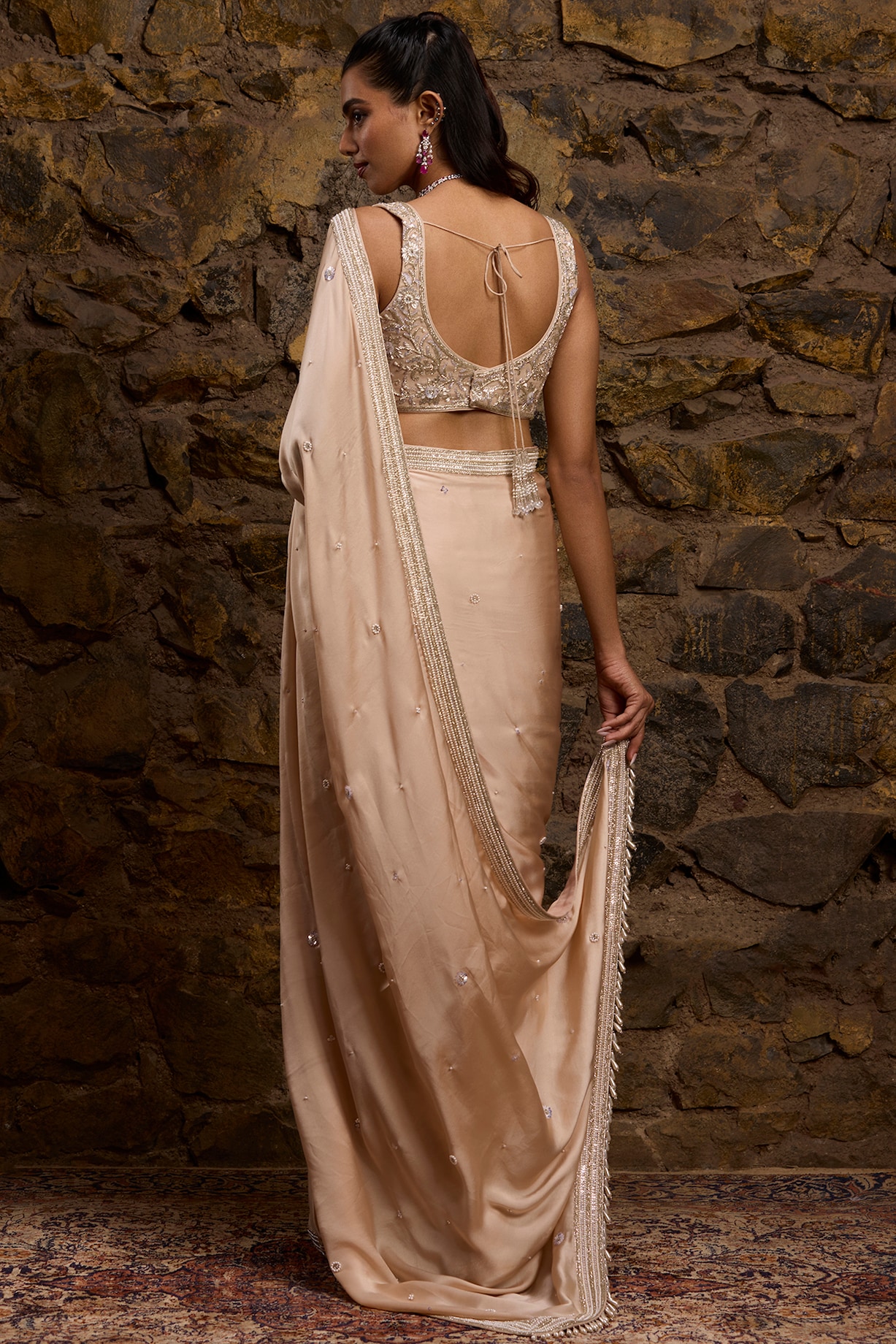 Peach Satin & Net Hand Embroidered Bridal Saree Set by Naibah at Pernia ...