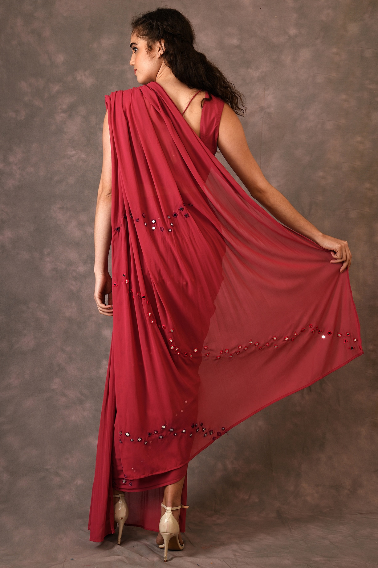 Rose Wine Georgette Pre-Draped Saree Set by NAINA ARUNIMA at Pernia's ...