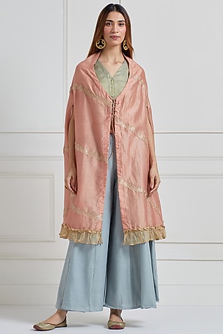 Dull Rose Chanderi Zardosi Embroidered Cape Set by Naina Arunima at ...