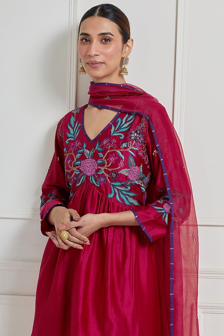 Crimson Red Chanderi Kalidar Sharara Set Design by Naina Arunima at ...