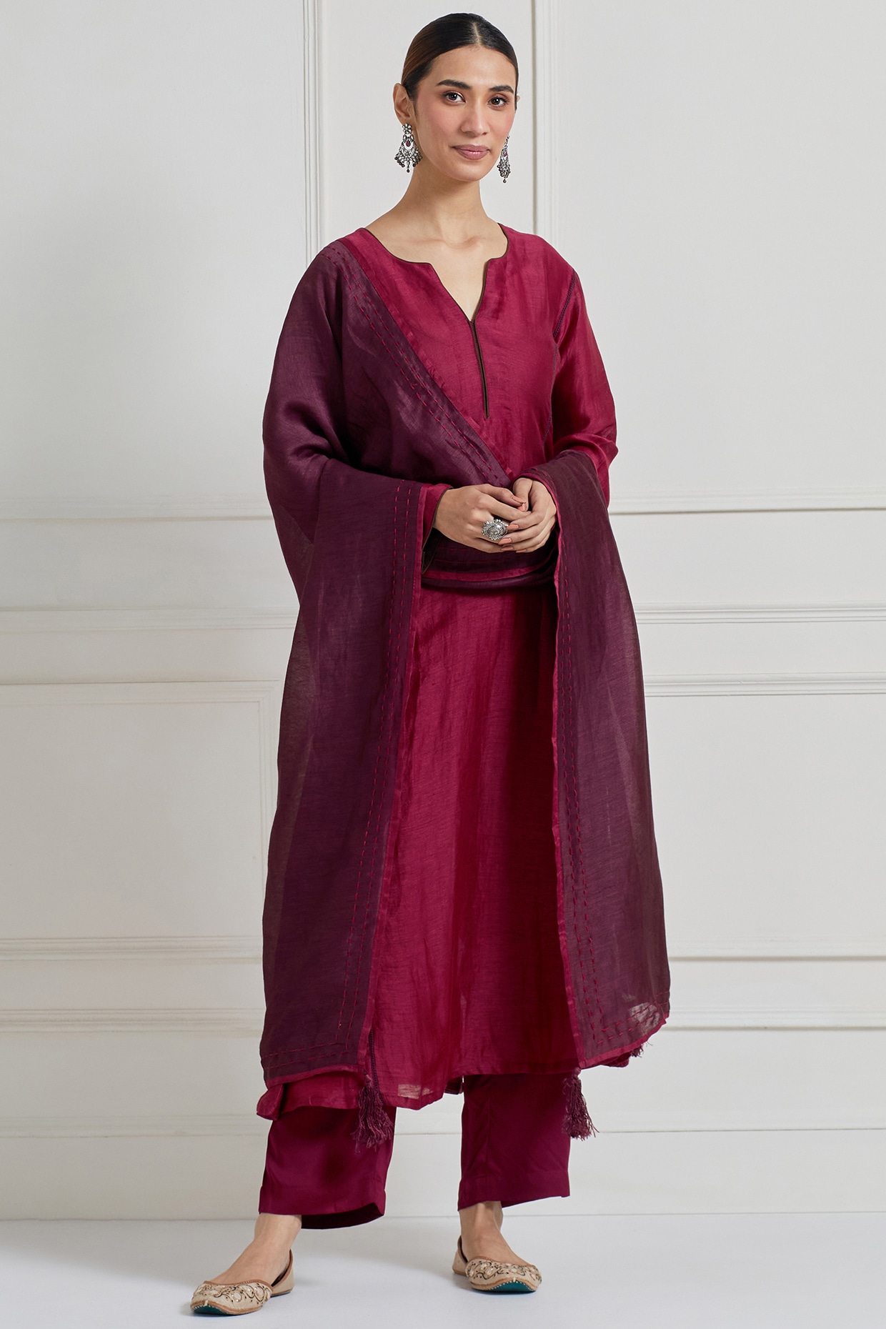 Anar Red Silk Linen Kurta Set by Naina Arunima at Pernia's Pop Up Shop 2025