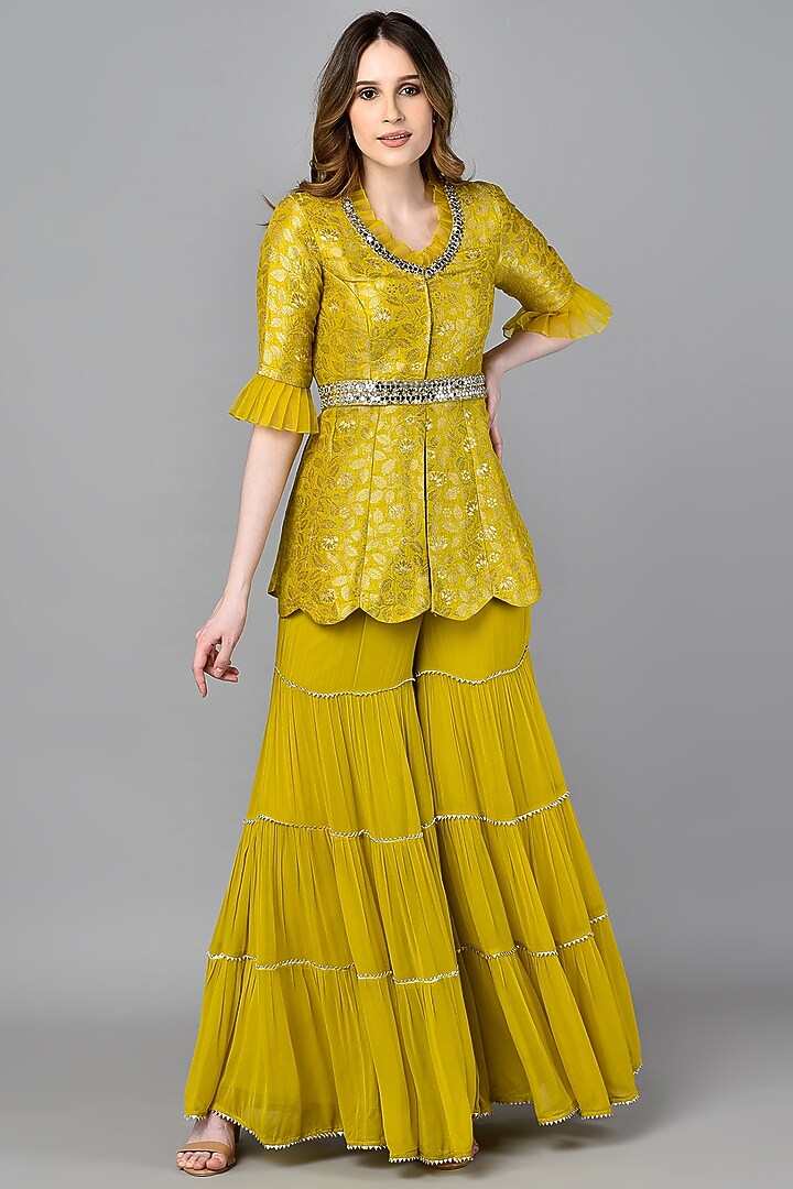 Yellow Brocade Tiered Sharara Set by NIsha Ajmera at Pernia's Pop Up ...