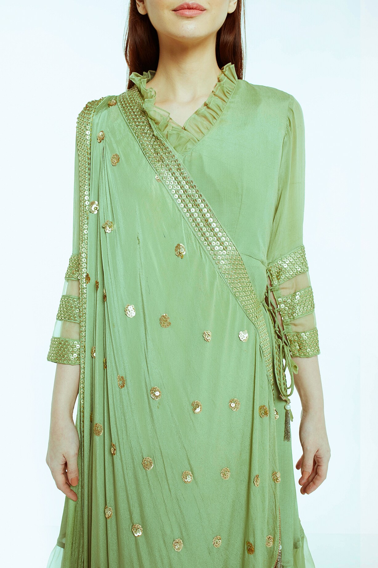 Sage Green Embroidered Anarkali Gown With Drape Design by NIsha Ajmera ...