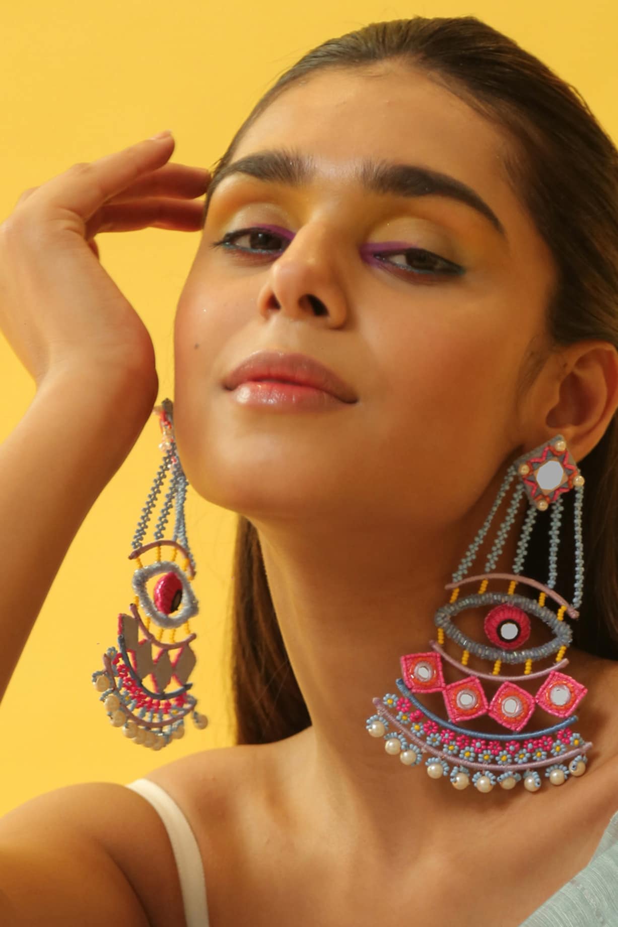 Multi-Colored Kodi Shell Embroidered Dangler Earrings by NakhreWaali at ...