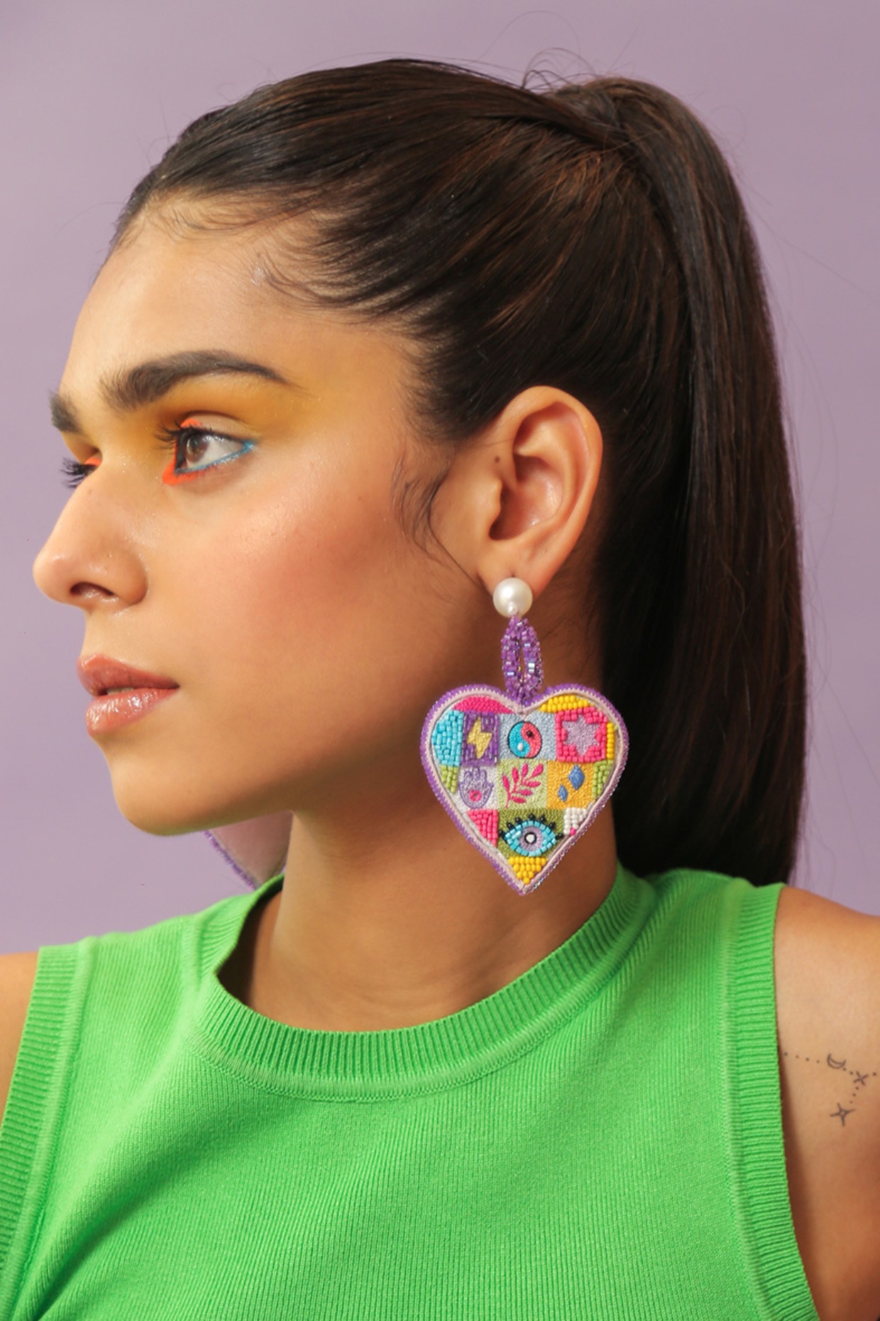 Multi-Colored Hand Embroidered Heart Dangler Earrings by NakhreWaali at ...