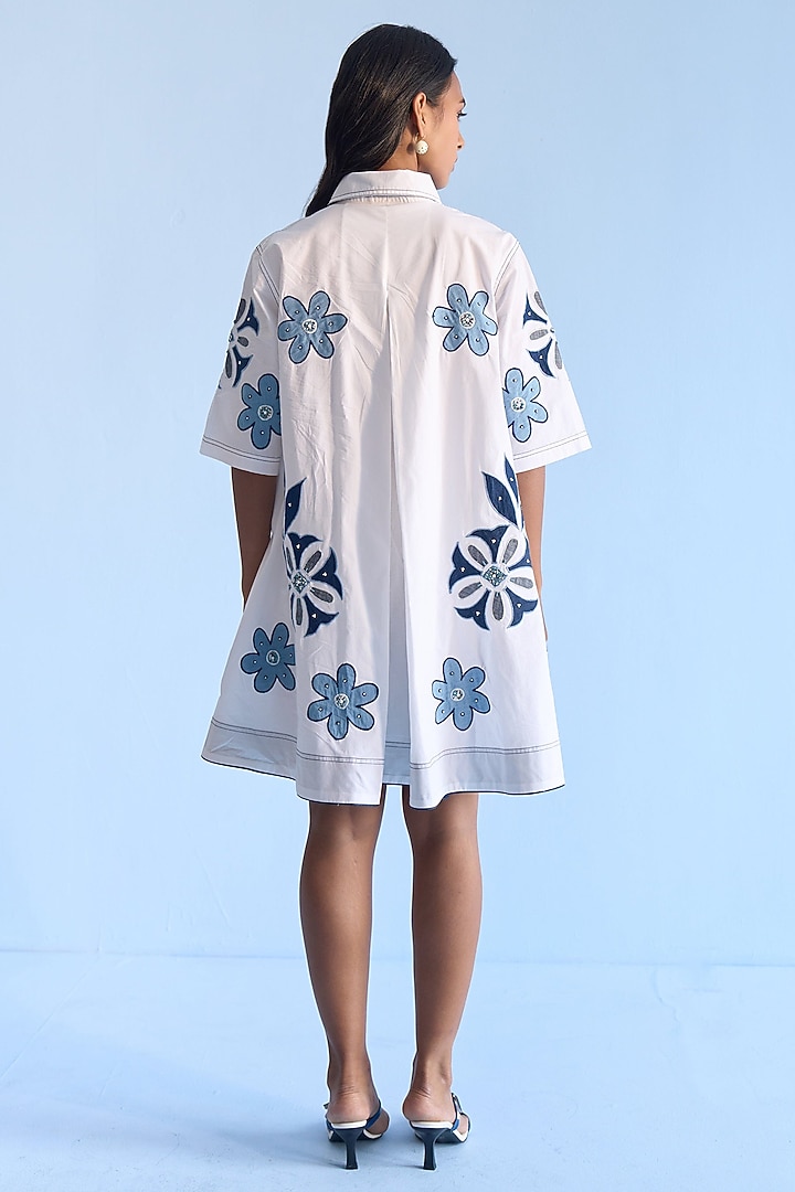 White Cotton Floral Applique Work Flared Shirt Vacation Dress by ...