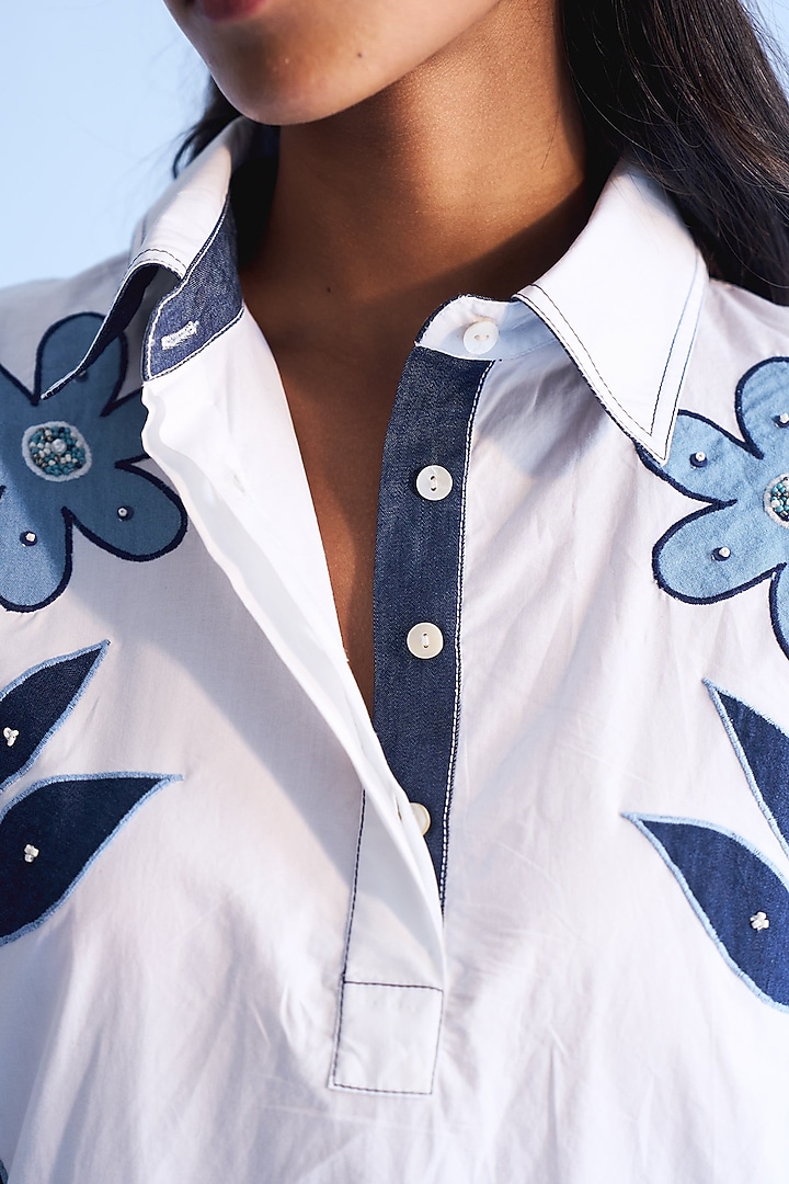 White Cotton Floral Applique Work Flared Shirt Vacation Dress by ...