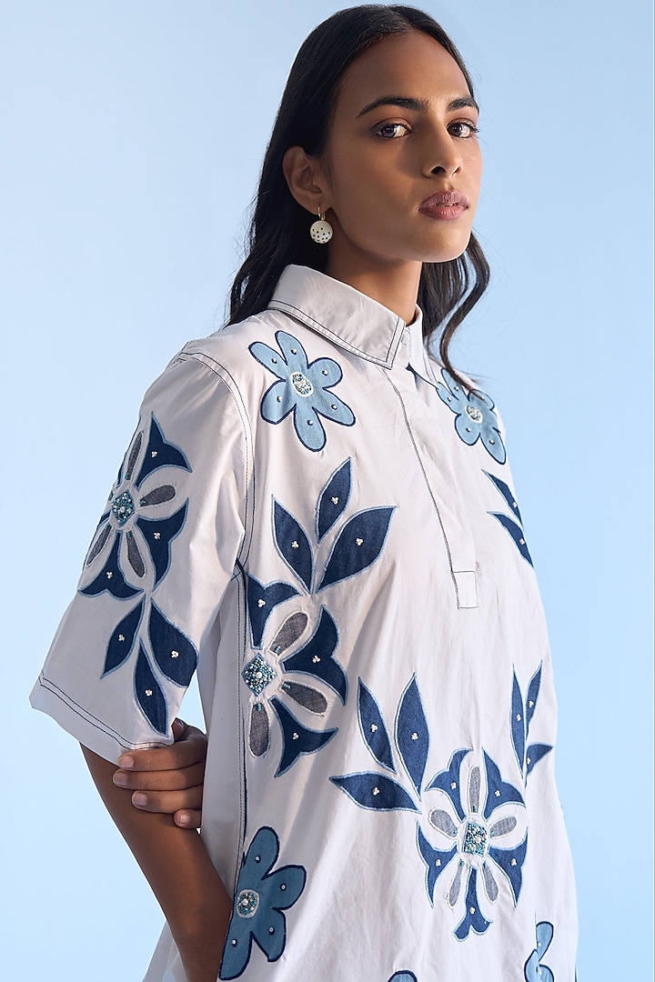 White Cotton Floral Applique Work Flared Shirt Vacation Dress by ...