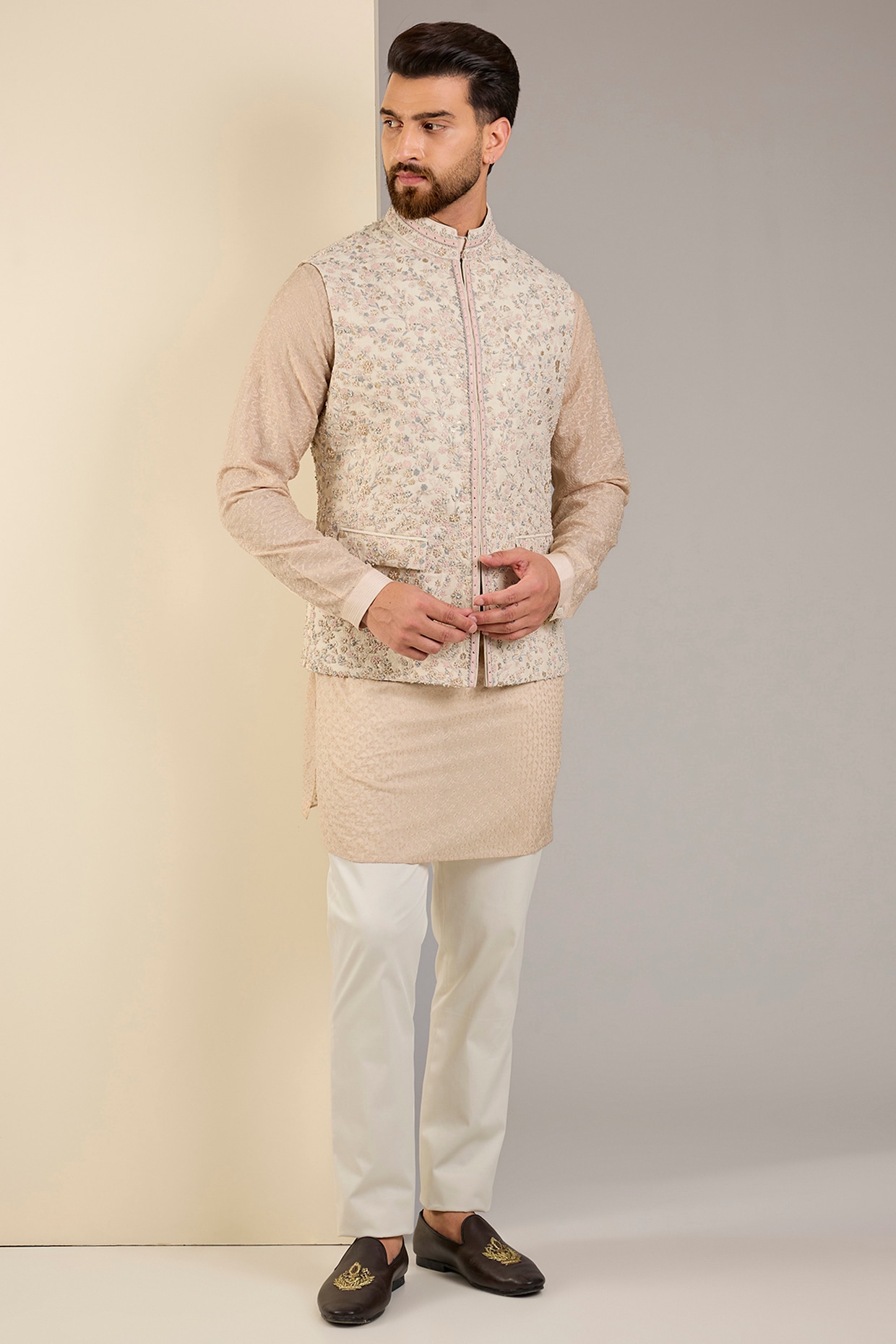 Pearl Ivory Silk Thread Embroidered Nehru Jacket Set by Shantnu ...