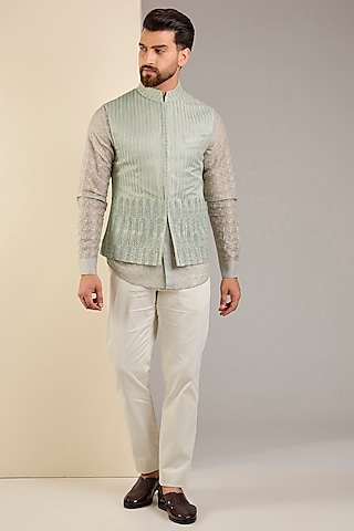 Dusty Mint Silk Thread Embroidered Nehru Jacket Set by Shantnu & Nikhil ...