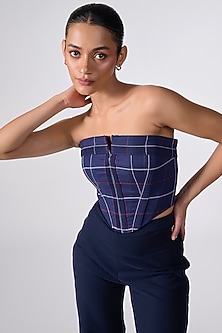 Navy Cotton Checkered Printed Corset Top Design by S&N by Shantnu ...
