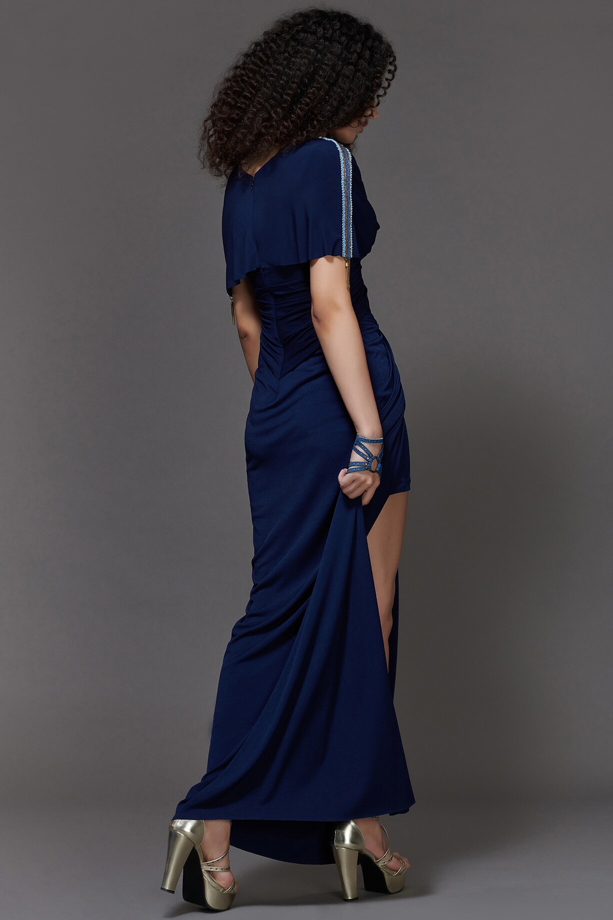 Navy Blue Poly Blend & Jersey Twisted Draped Gown Saree Design by S&N ...