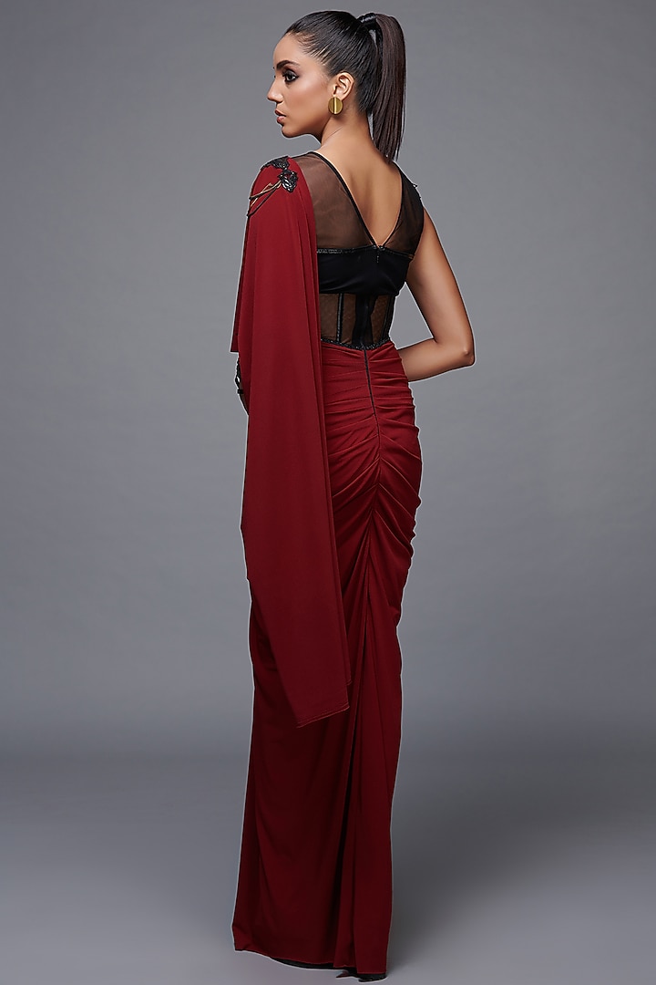 Cherry Red & Black Poly Jersey Gown Saree Design by S&N by Shantnu ...
