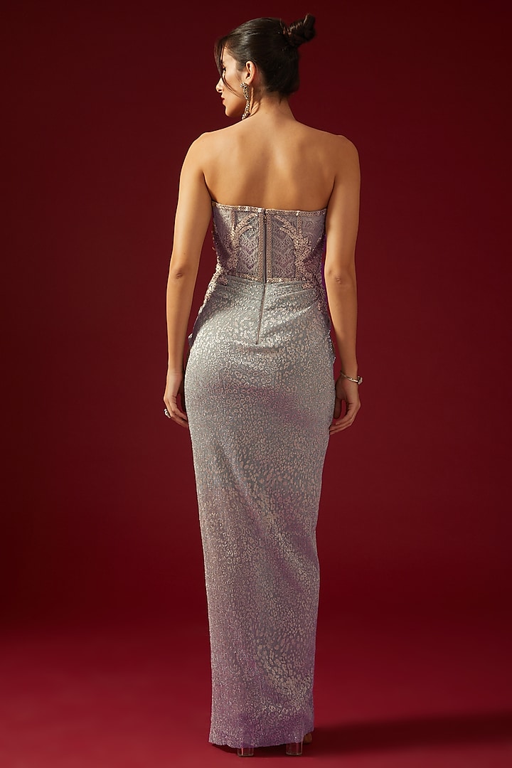 Grey Pleated Foil Lurex Embroidered Strapless Gown Saree Design by ...