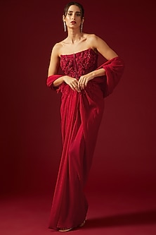 Red Georgette Embroidered Strapless Gown Saree by Shantnu & Nikhil at ...