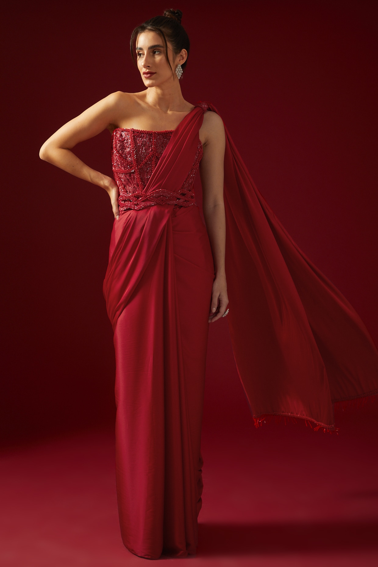 Red Satin Corset Saree Set by Shantnu & Nikhil at Pernia's Pop Up Shop 2025