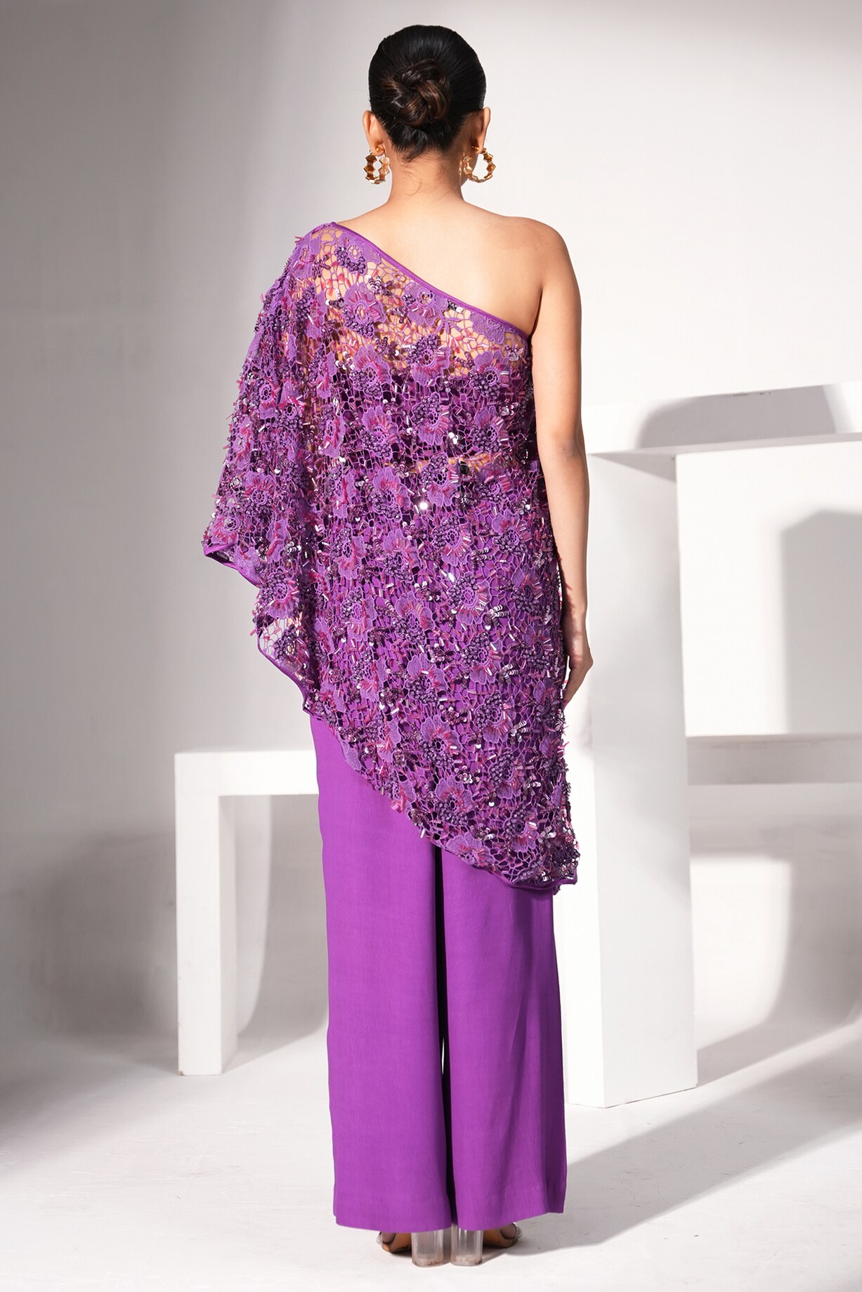 Purple Cotton Embellished One-Shoulder Co-Ord Set by Nayantara Couture ...