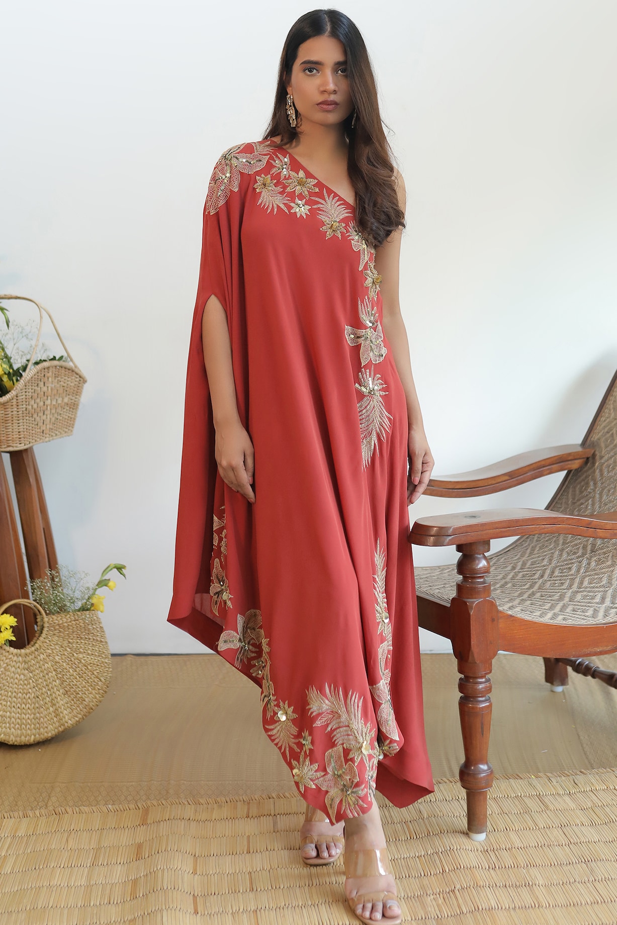 Rust Embroidered One-Shoulder Dress by Nayantara Couture at Pernia's ...