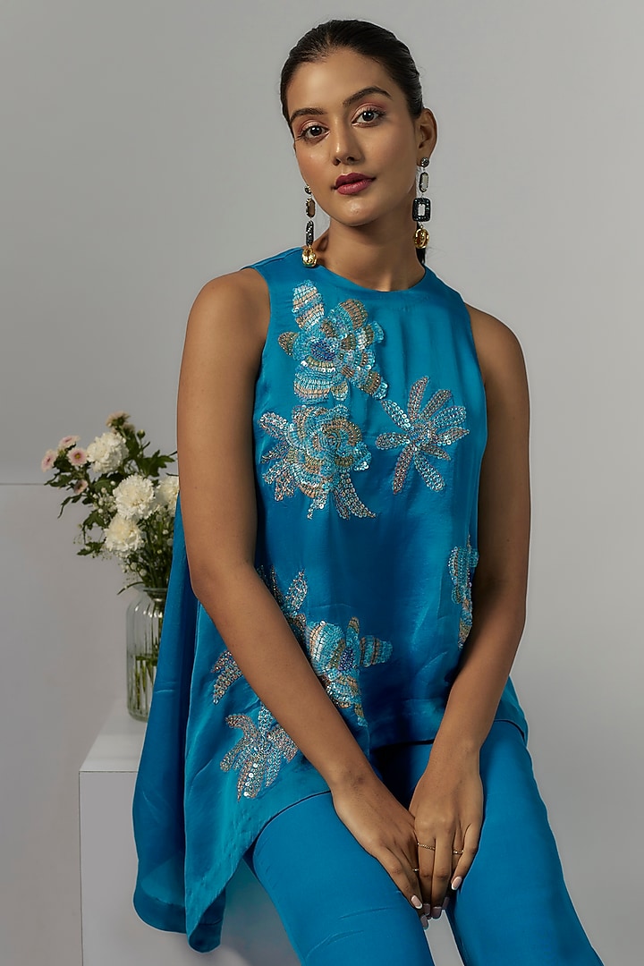 Cobalt Blue Viscose Satin Organza Hand Embroidered Tunic Set Design by ...