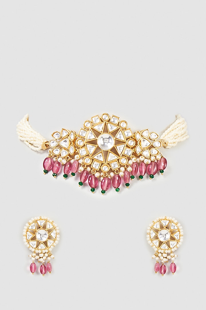 Gold Finish Pink Kundan Polki Choker Necklace Set by Nepra By Neha Goel at Pernia's Pop Up Shop 2025