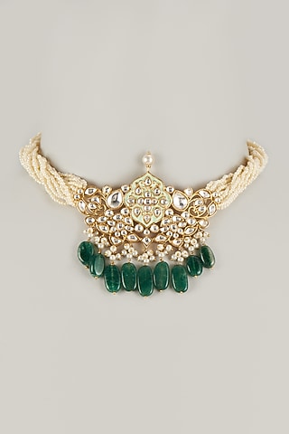 Gold Plated Kundan Polki & Pearl Enamelled Choker Necklace by Nepra By ...