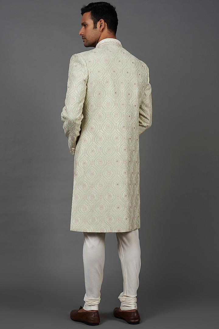 Mint Green Pure Silk Embroidered Wedding Sherwani Set by Nero by ...