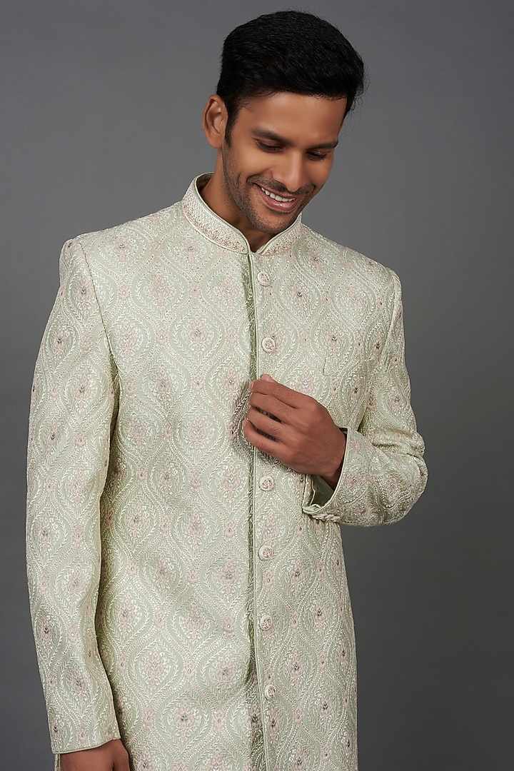 Mint Green Pure Silk Embroidered Wedding Sherwani Set by Nero by ...