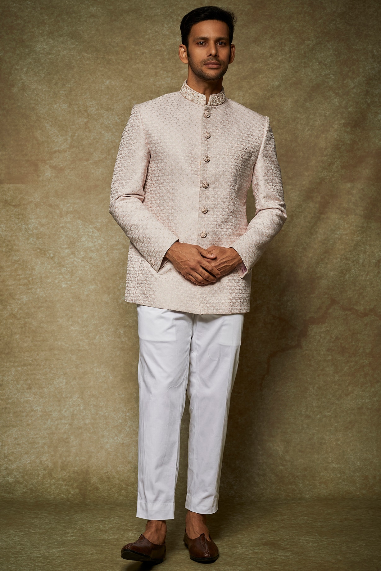 Light Pink Jacquard Embroidered Jodhpuri Set by Nero by Shaifali ...