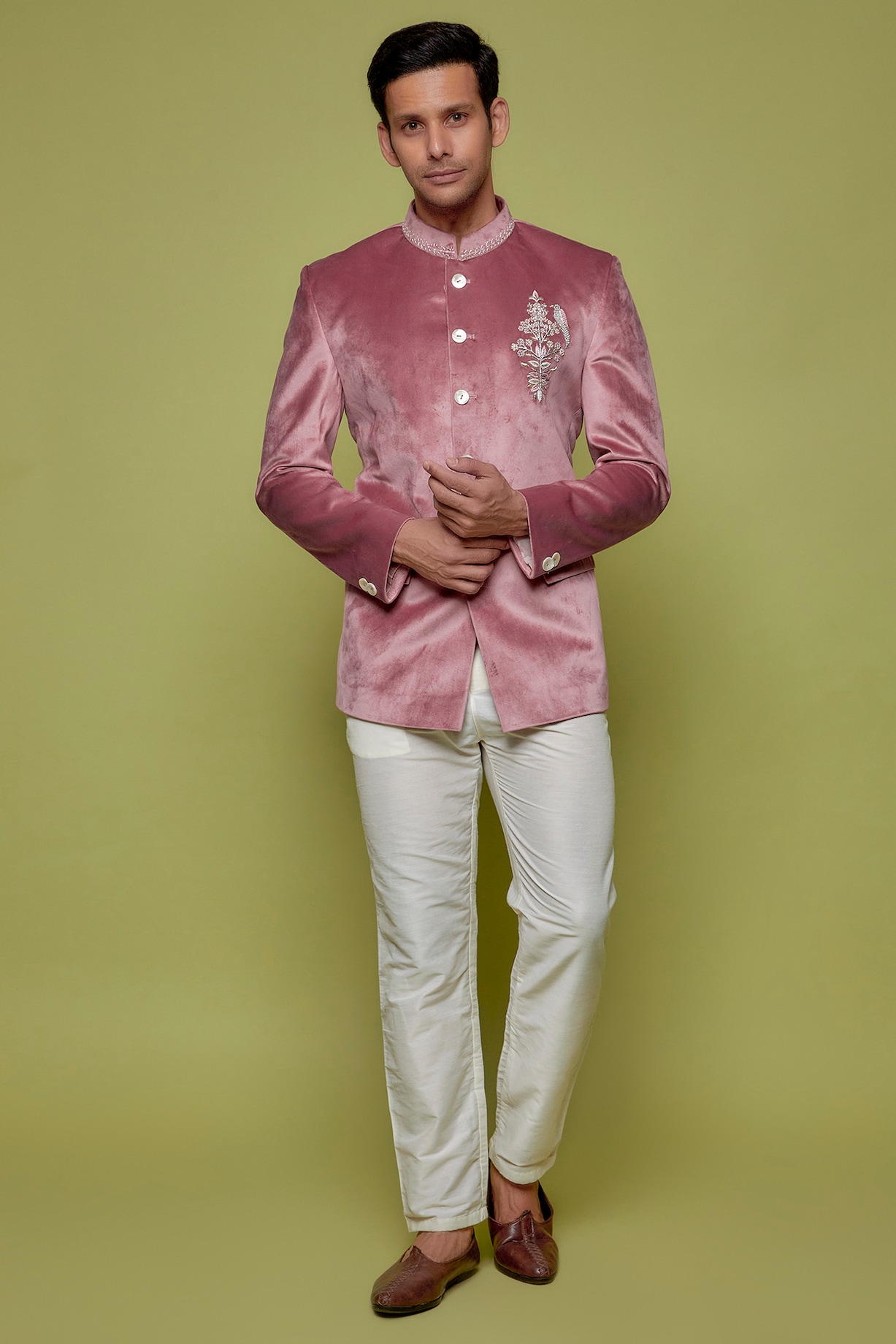 Pink Suede Jodhpuri Set by Nero by Shaifali & Satya at Pernia's Pop Up ...