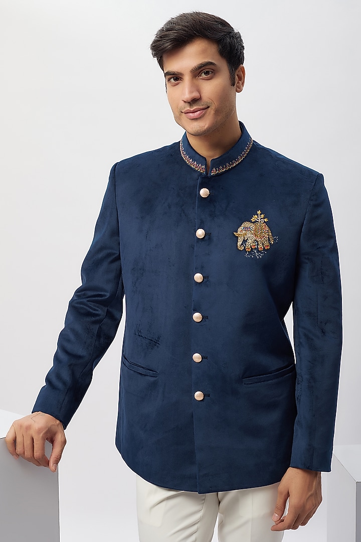 Blue Velvet Hand Work Jodhpuri Set by Nero by Shaifali & Satya at ...
