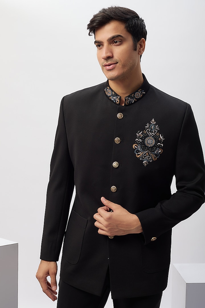 Black Suiting Hand Work Jodhpuri Set by Nero by Shaifali & Satya at ...