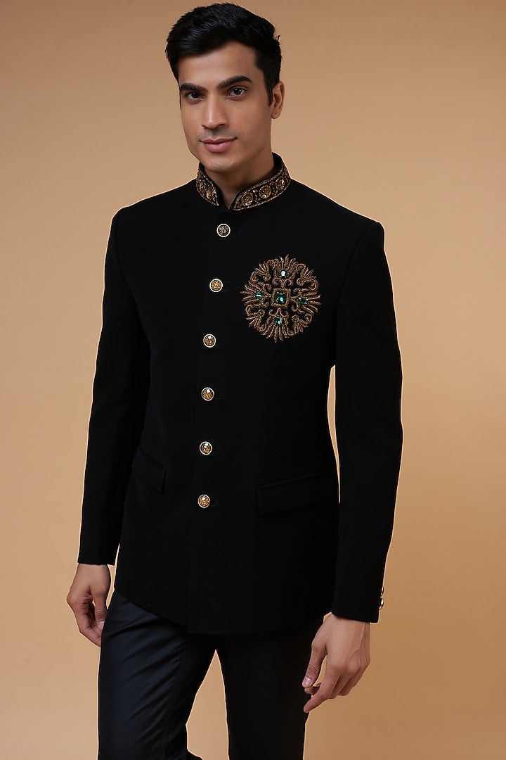 Black Boomaria Hand Embroidered Jodhpuri Jacket Set by Nero by Shaifali ...