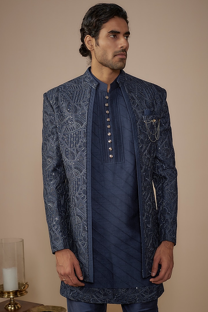 Blue Silk Thread Work Jacket Set by Nero by Shaifali & Satya at Pernia ...