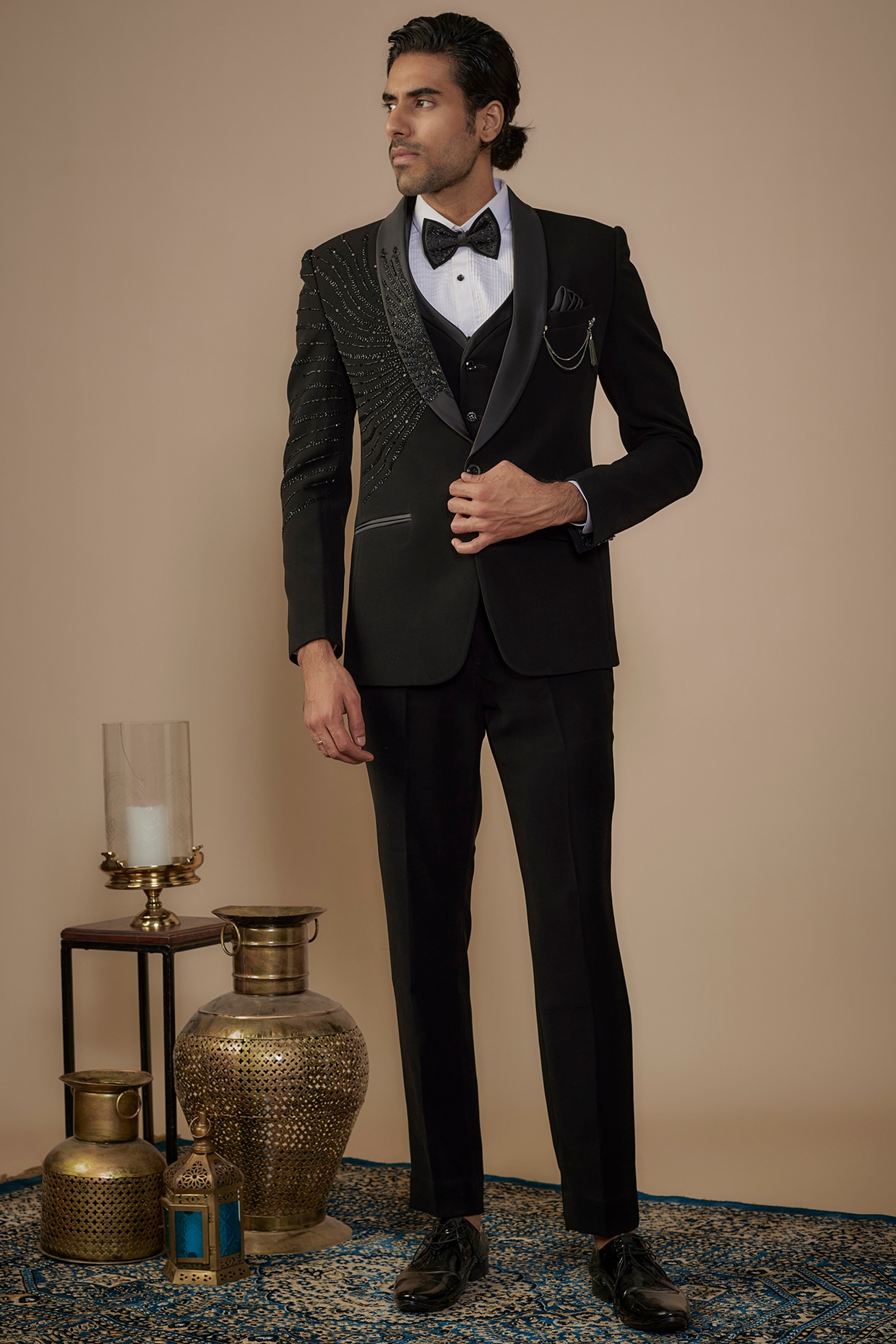 Black Suiting Hand Work Tuxedo Set by Nero by Shaifali & Satya at ...