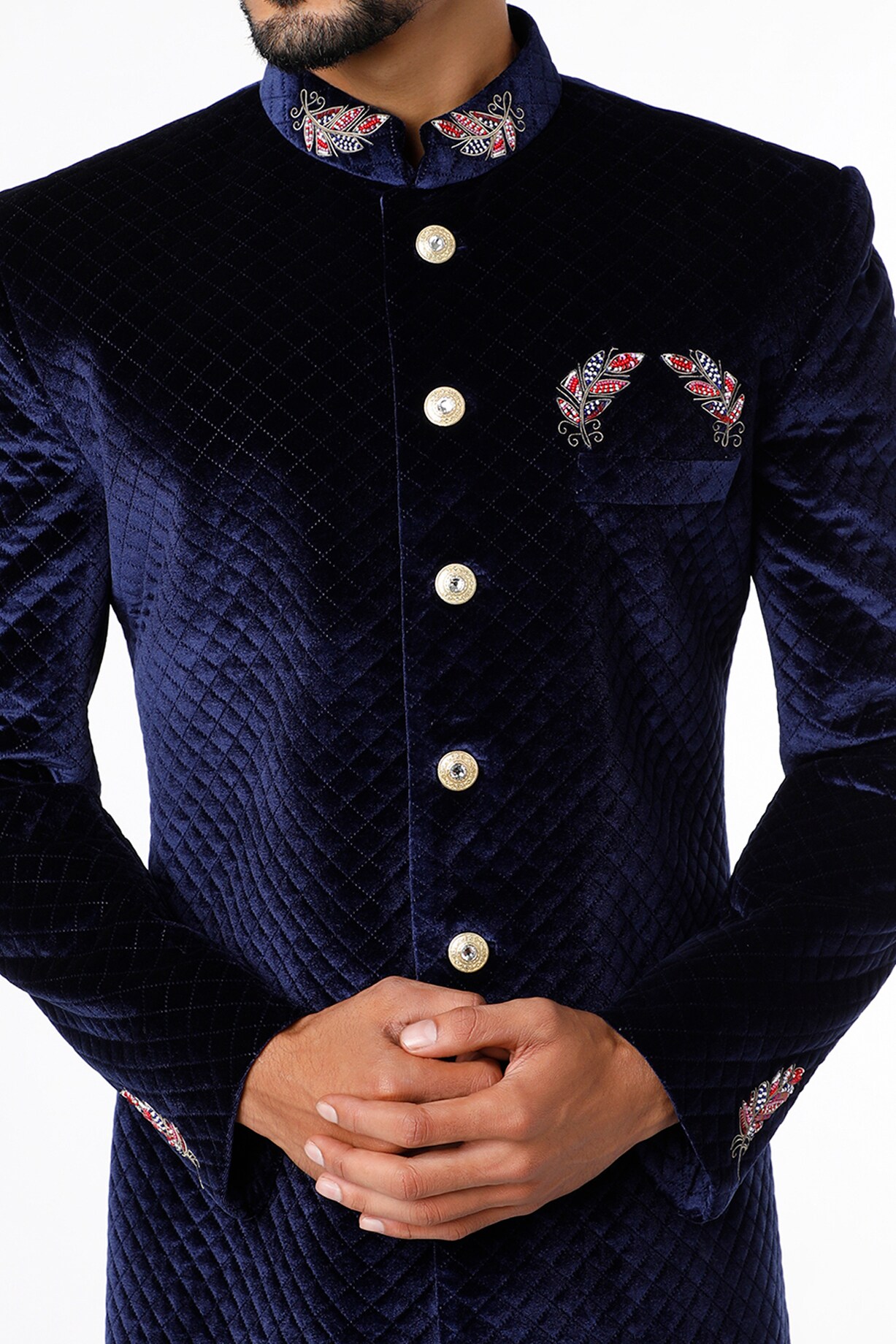 Dark Navy Blue Suede Wedding Sherwani Set by Nero By Shaifali & Satya ...