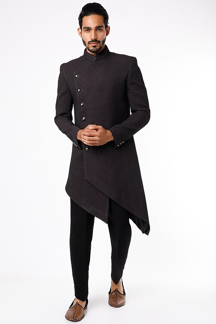 Ash Black Asymmetrical Wedding Sherwani Set by Nero By Shaifali & Satya ...