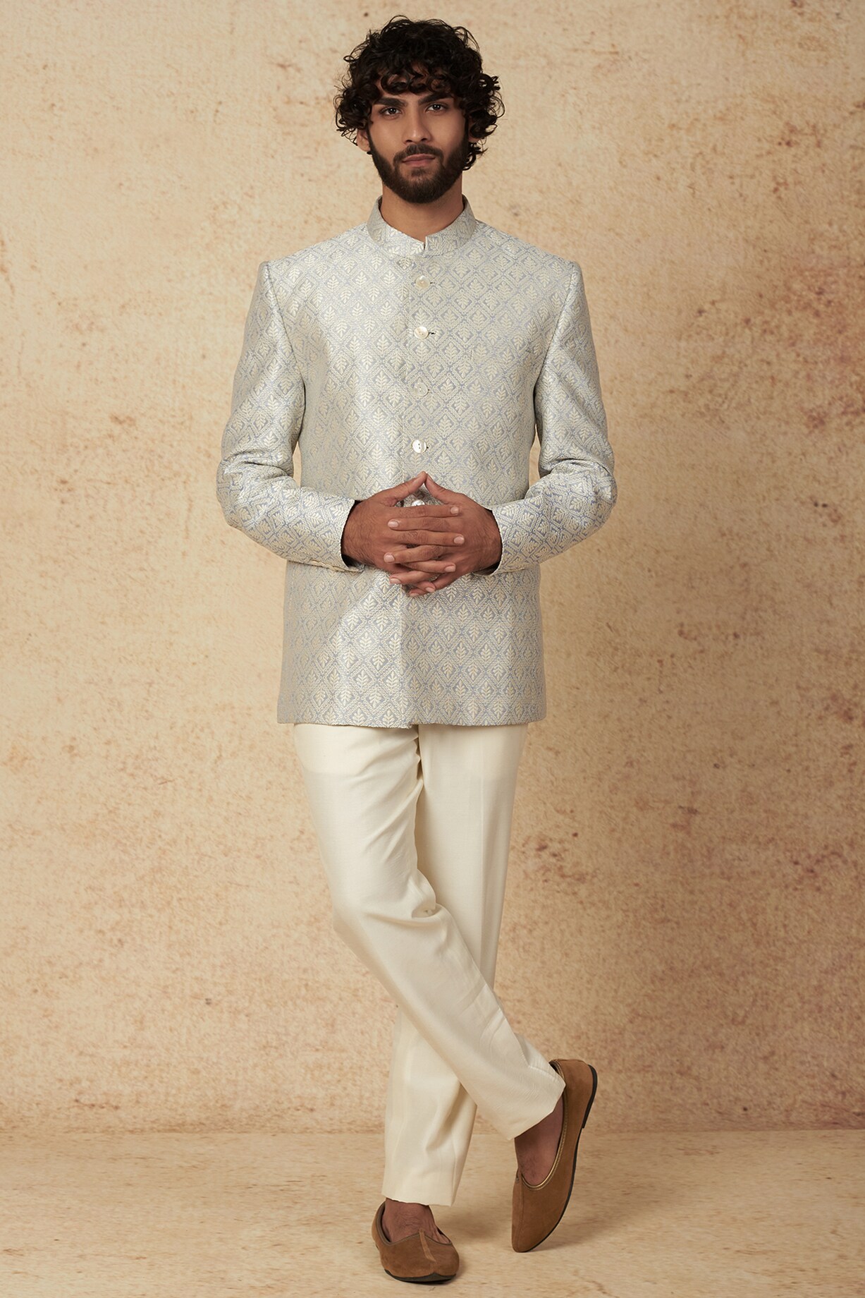 Pastel Blue Jacquard Jodhpuri Set by Nero by Shaifali & Satya at Pernia's Pop Up Shop 2025