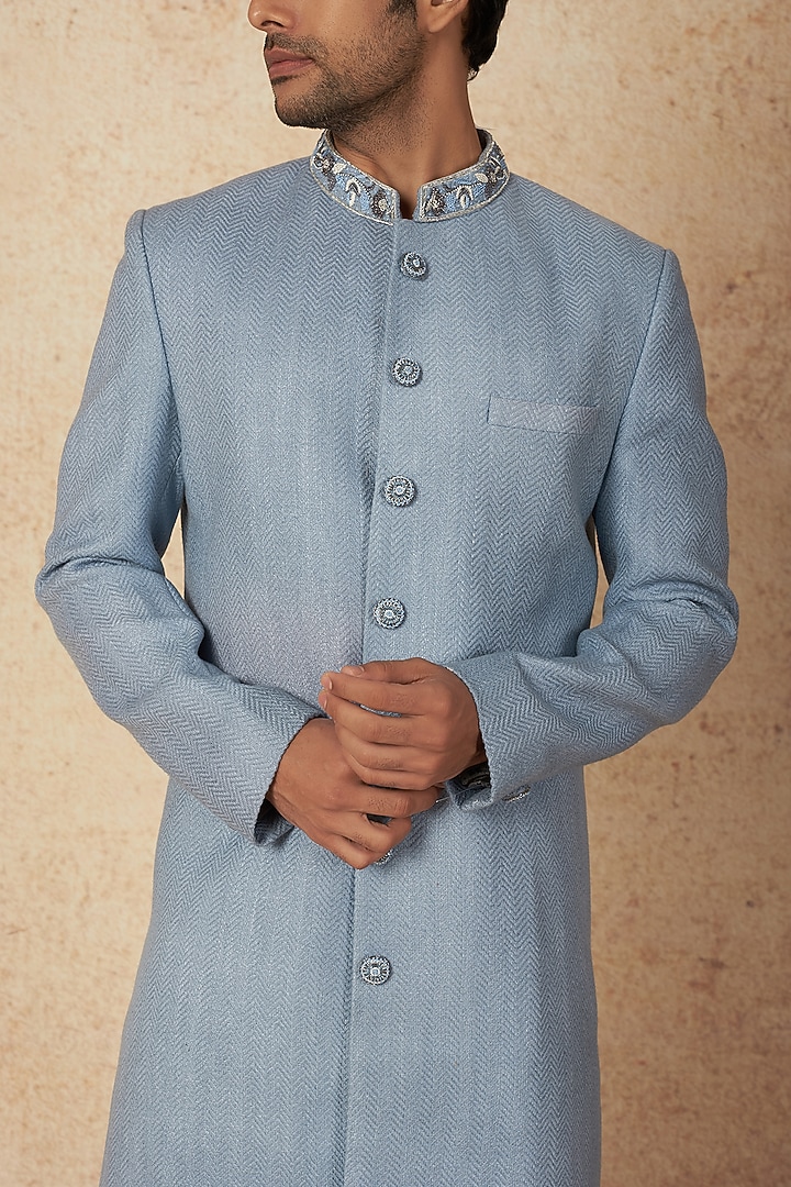 Pastel Blue Silk Sherwani Set by Nero by Shaifali & Satya at Pernia's ...